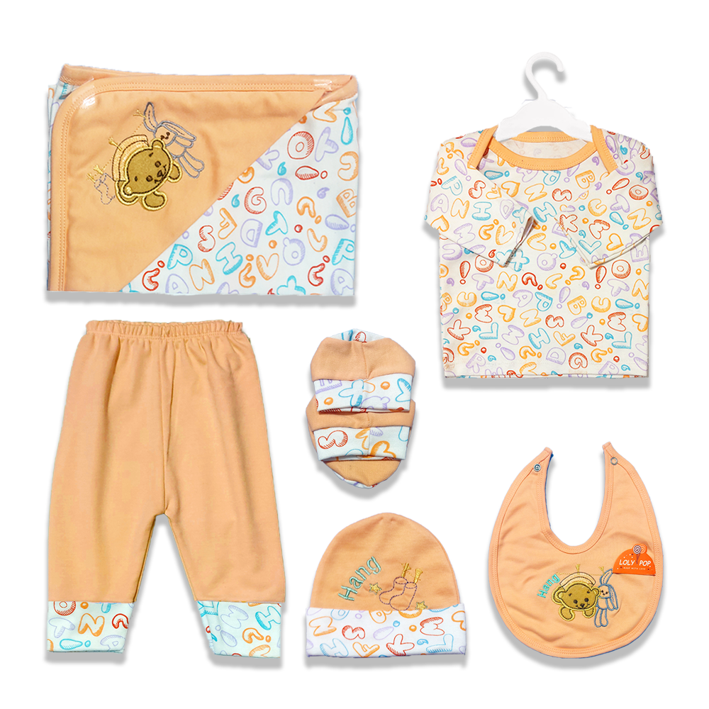 6PC* Newborn Baby Suit Set ALPHABATS ORANGE– BabiesMart.PK